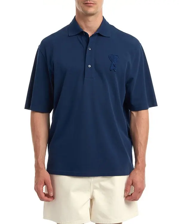 Ami Short Sleeve Polo With De Coeur Patch - Encre