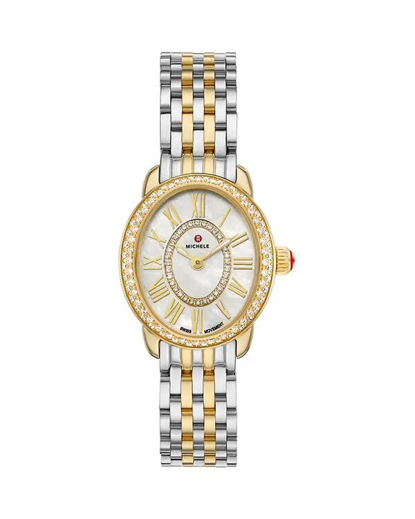Michele Serein Oval Diamond Two Tone 18k Gold-plated Watch - Mop/two Tone