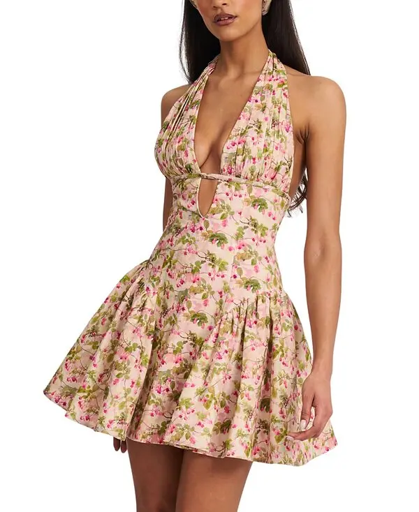MISS CIRCLE Mackenzie Floral Print Halter Linen Cotton Mini Dress - Pink And Green