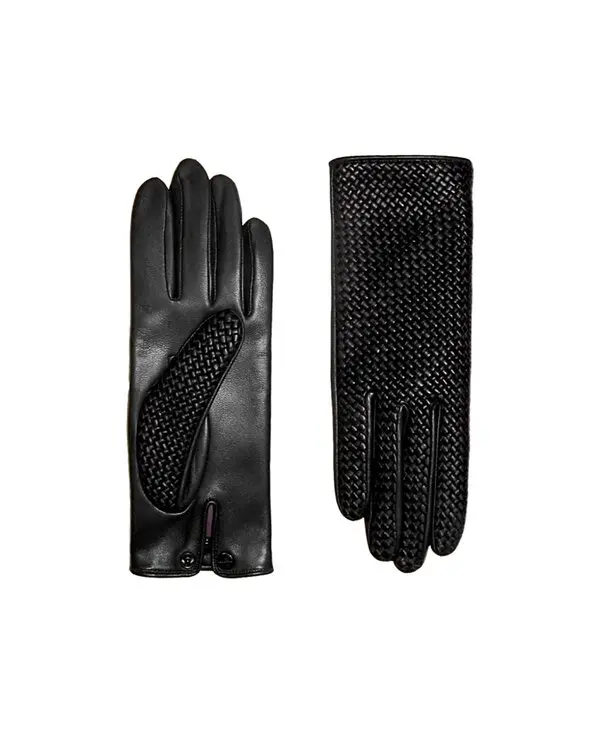 AGNELLE Chloe Woven Leather Gloves - Black