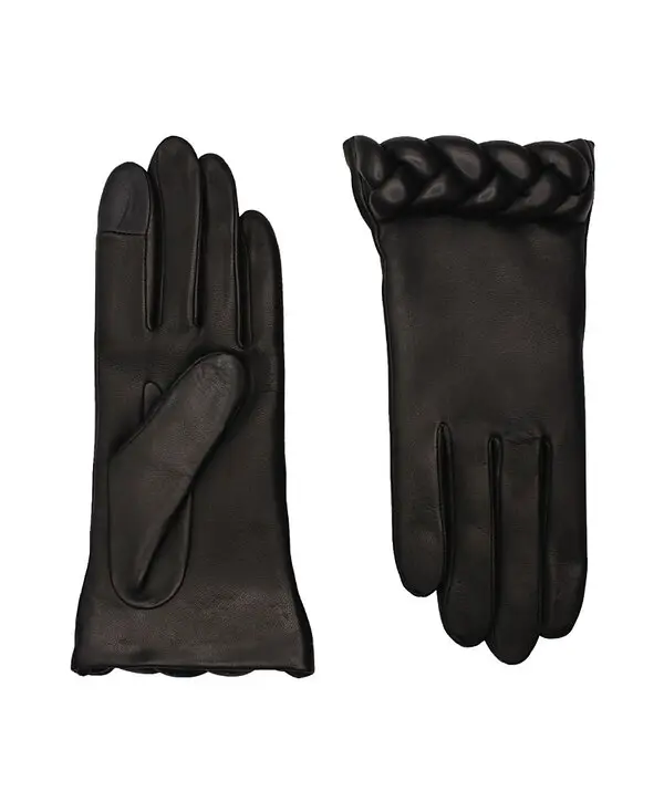 AGNELLE Edith Braided Cuff Leather Gloves - Black