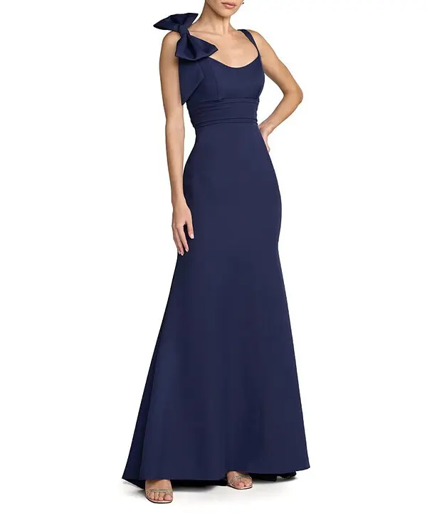 Mac Duggal Sleeveless Crepe Gown With Shoulder Bow - Navy