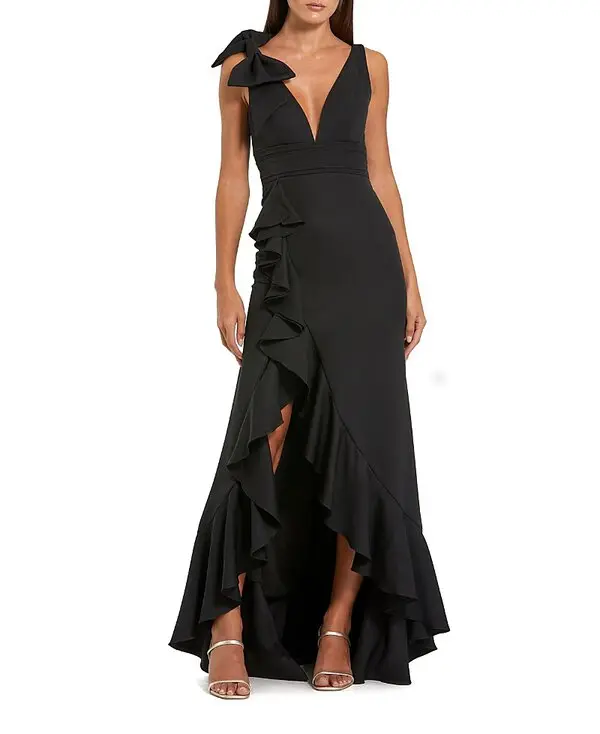 Mac Duggal Crepe Sleeveless Gown With Statement Bow And Ruffled Slit - Black