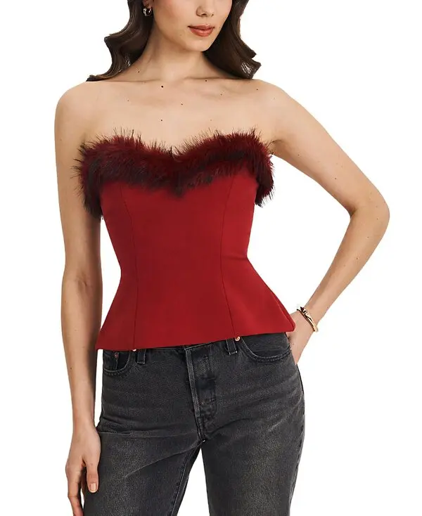 MISS CIRCLE Ivette Faux Fur-trimmed Peplum Top - Crimson