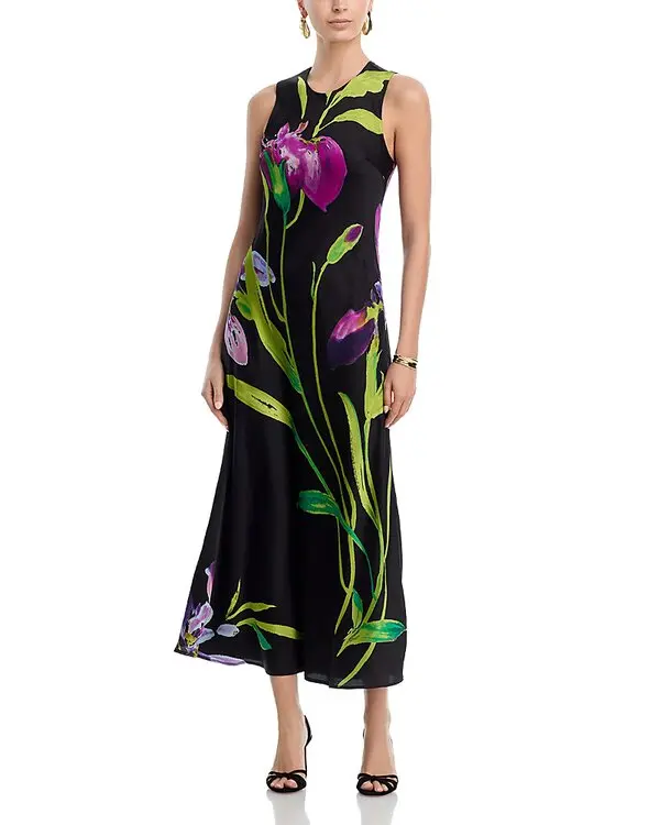 Aqua Floral Satin Midi Dress