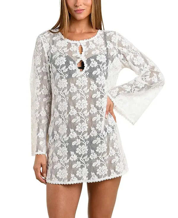 SUNSHINE 79 Celestial Petals Bell Sleeve Mini Dress Cover Up - Ivory