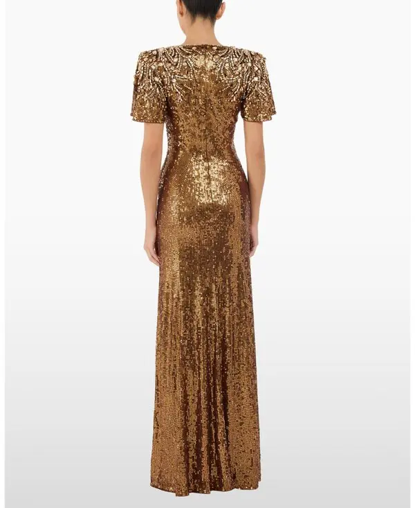 Jenny Packham Manon Sequin Embellished V-neck Gown - Bronze