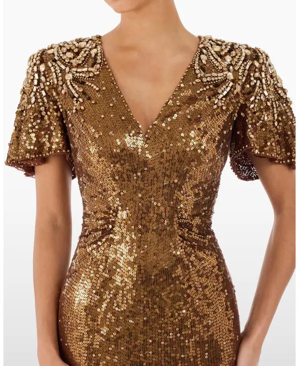 Jenny Packham Manon Sequin Embellished V-neck Gown - Bronze