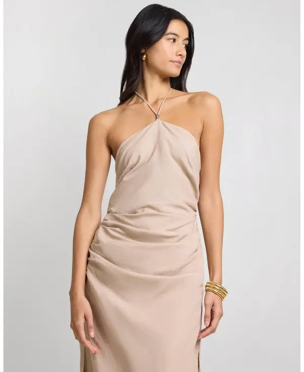 Onia Air Linen Ruched Halter Midi Dress - Jute