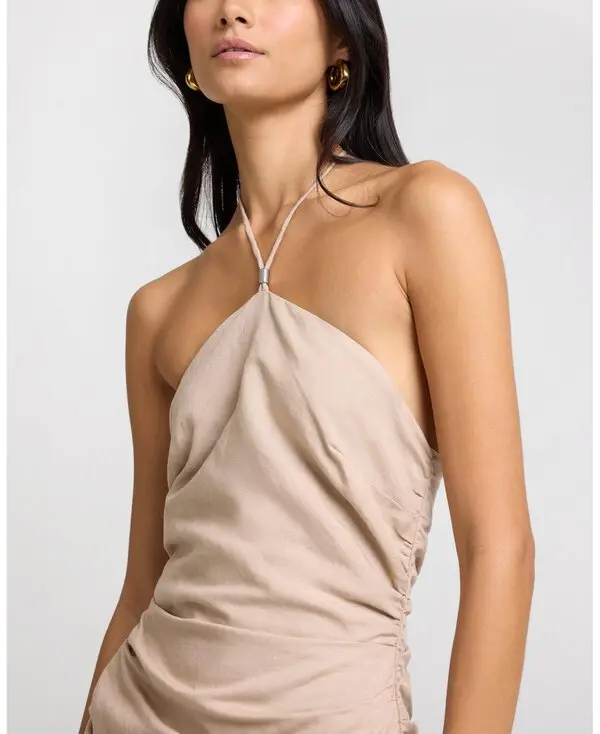 Onia Air Linen Ruched Halter Midi Dress - Jute