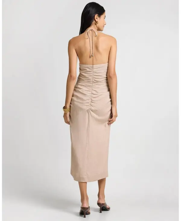 Onia Air Linen Ruched Halter Midi Dress - Jute