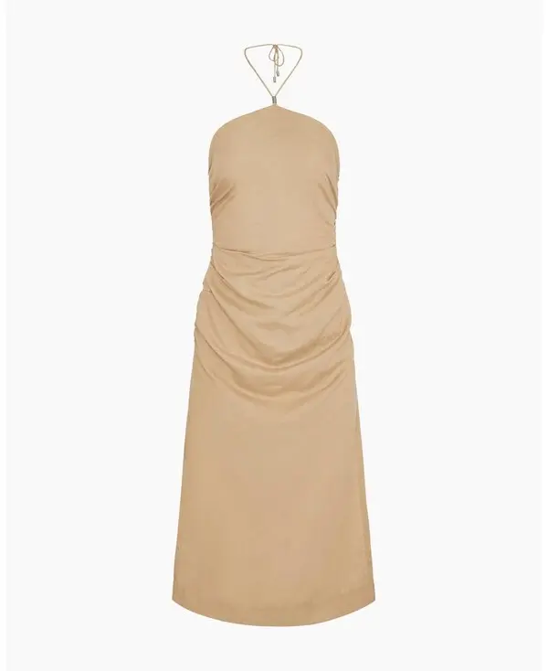 Onia Air Linen Ruched Halter Midi Dress - Jute