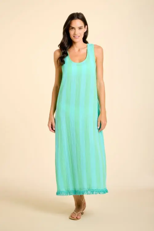 SITANO Striped Tank Midi Dress With Fringe - Blue/green
