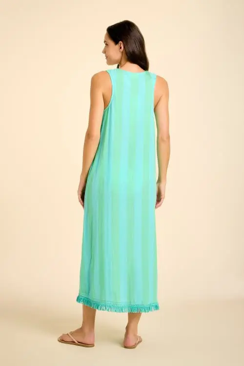 SITANO Striped Tank Midi Dress With Fringe
