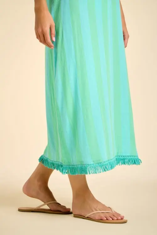 SITANO Striped Tank Midi Dress With Fringe