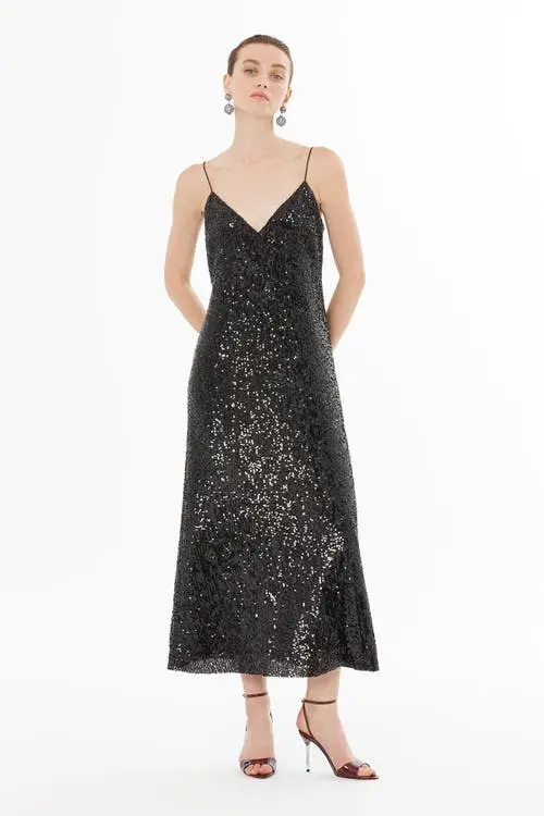 GIZIA Satin V-neck Spaghetti Strap Dress