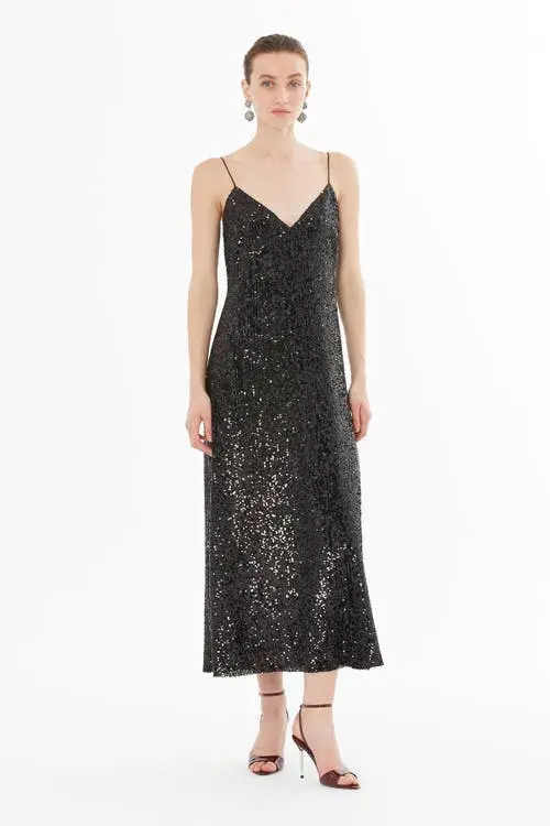 GIZIA Satin V-neck Spaghetti Strap Dress