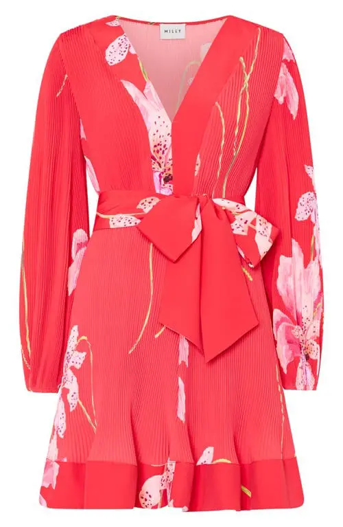 MILLY Floral Pleated Minidress - Red Multi