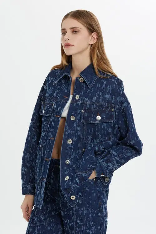 GIZIA Patterned Button-front Denim Jacket - Navy