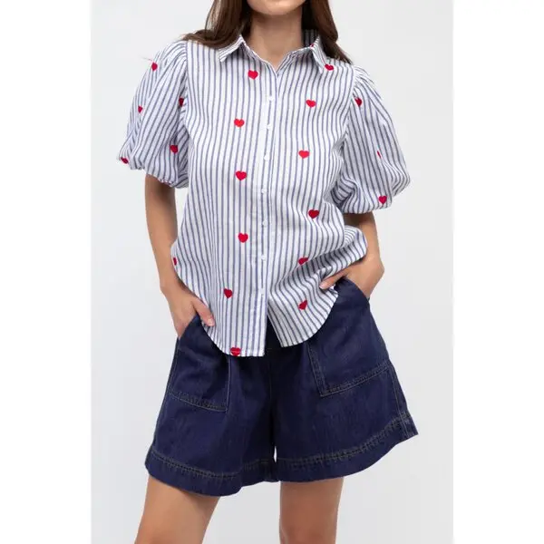 LABEL OF LOVE Heart Embroidered Shirt - Blue