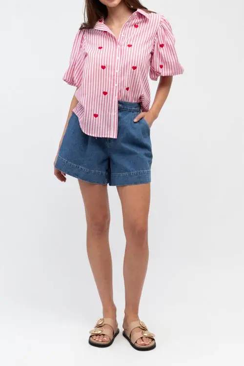 LABEL OF LOVE Heart Embroidered Shirt - Pink