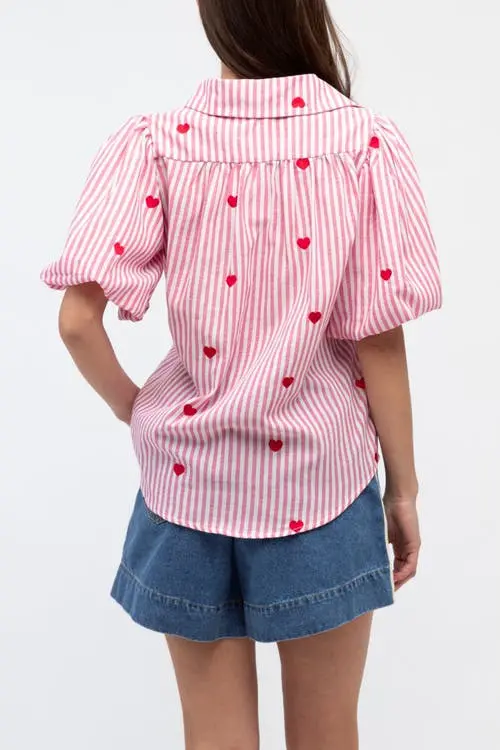 LABEL OF LOVE Heart Embroidered Shirt - Pink
