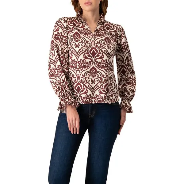 IVONNE Abstract Print Blouse With Ruffled V-neck - Wine