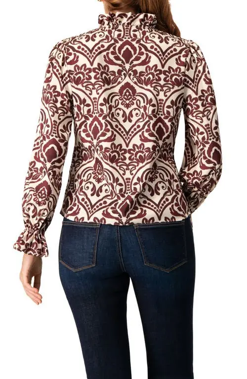IVONNE Abstract Print Blouse With Ruffled V-neck - Wine
