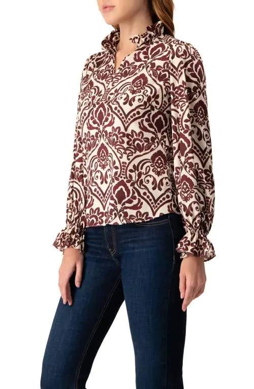 IVONNE Abstract Print Blouse With Ruffled V-neck - Wine