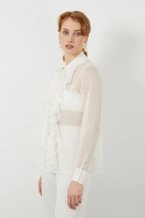 GIZIA Sheer Ruffle Front Long Sleeve Blouse - Ecru