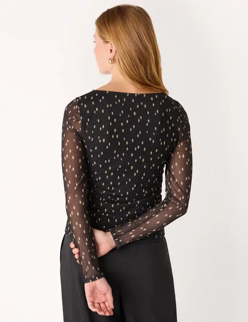 Whistles Spot Print Mesh Jersey Top - Black/multi