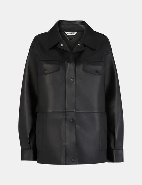 Whistles Bonded Leather Shirt Jacket - Black