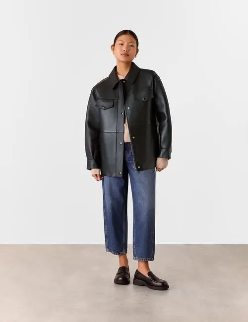 Whistles Bonded Leather Shirt Jacket - Black