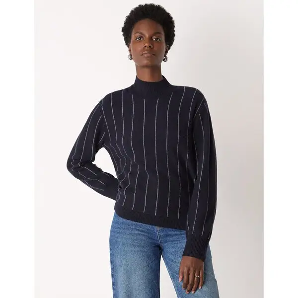 Whistles Stripe Wool Funnel Neck Knit Sweater - Navy