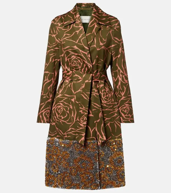 Dries Van Noten Floral Sequined Cotton Wrap Coat - Green