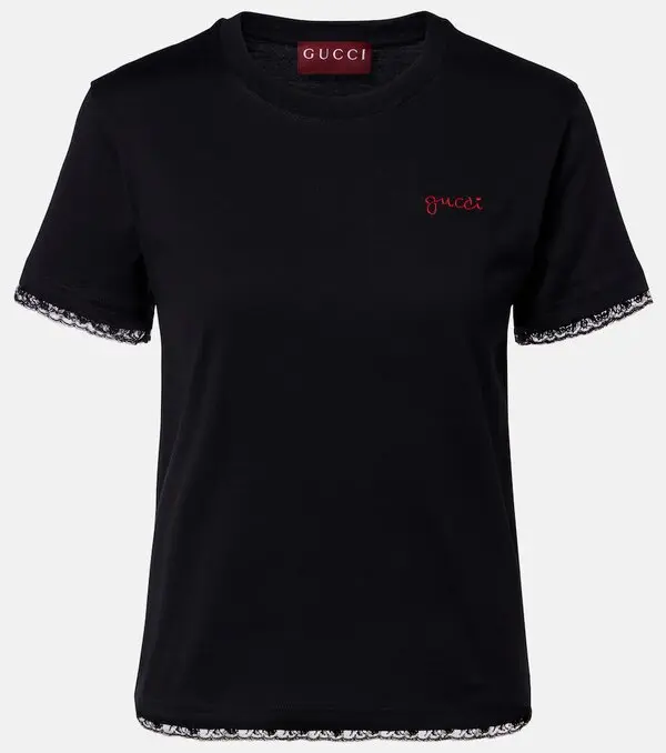 Gucci Embroidered Lace-trimmed Cotton Jersey T-shirt - Black