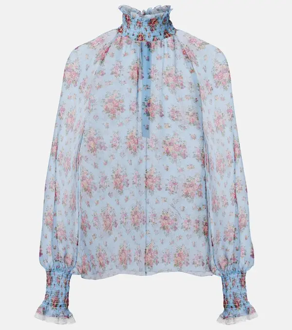 Dolce & Gabbana Floral Ruffled Silk And Cotton Blouse - Blue