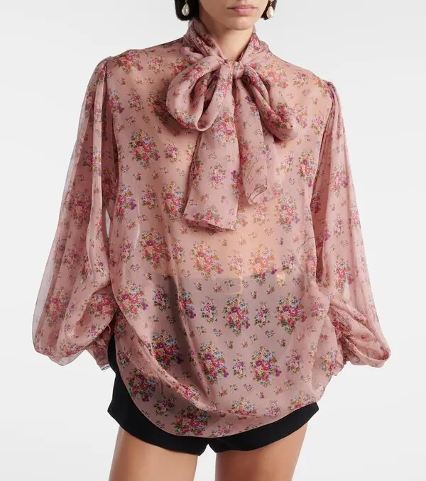 Dolce & Gabbana Floral Tie-neck Silk Blouse - Pink