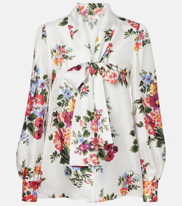 Dolce & Gabbana Floral Tie-neck Silk Blouse - White