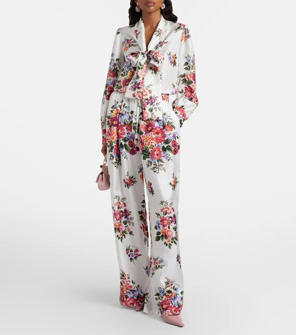 Dolce & Gabbana Floral Silk Tie-neck Blouse - White