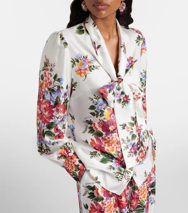 Dolce & Gabbana Floral Silk Tie-neck Blouse - White