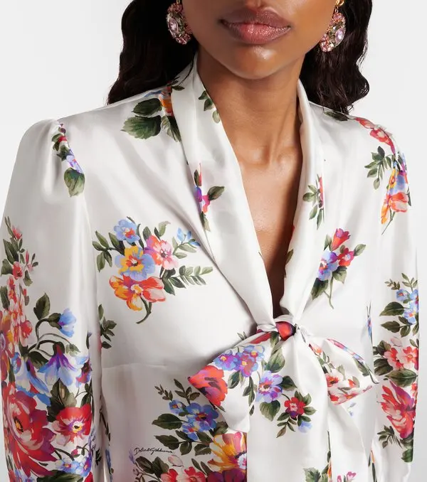 Dolce & Gabbana Floral Silk Tie-neck Blouse - White