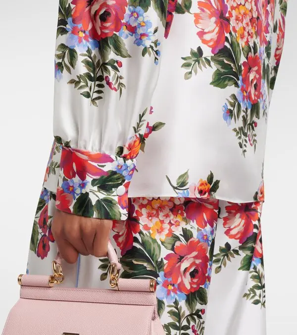 Dolce & Gabbana Floral Silk Tie-neck Blouse - White