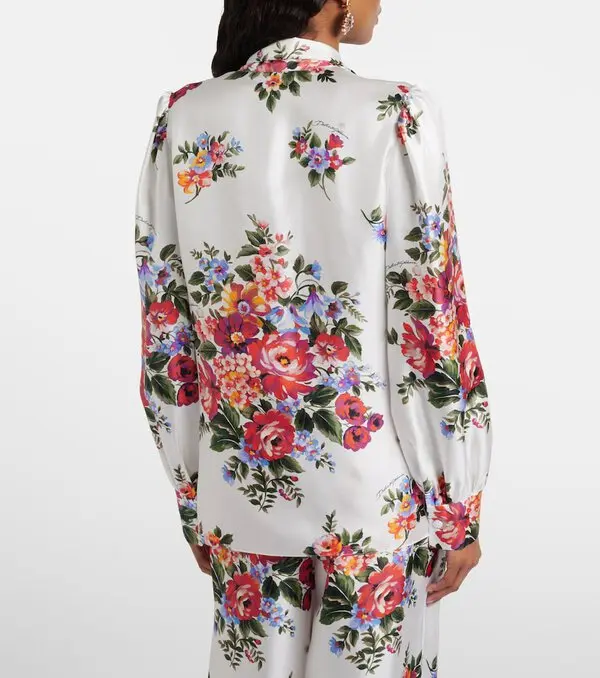 Dolce & Gabbana Floral Silk Tie-neck Blouse - White