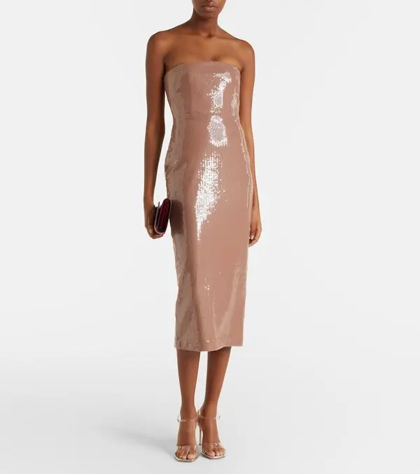 Alex Perry Sequined Strapless Midi Dress - Beige