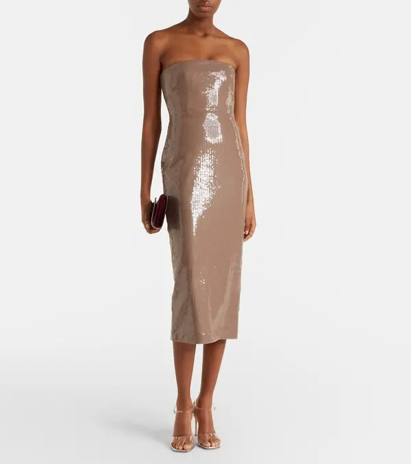 Alex Perry Sequined Strapless Midi Dress - Beige