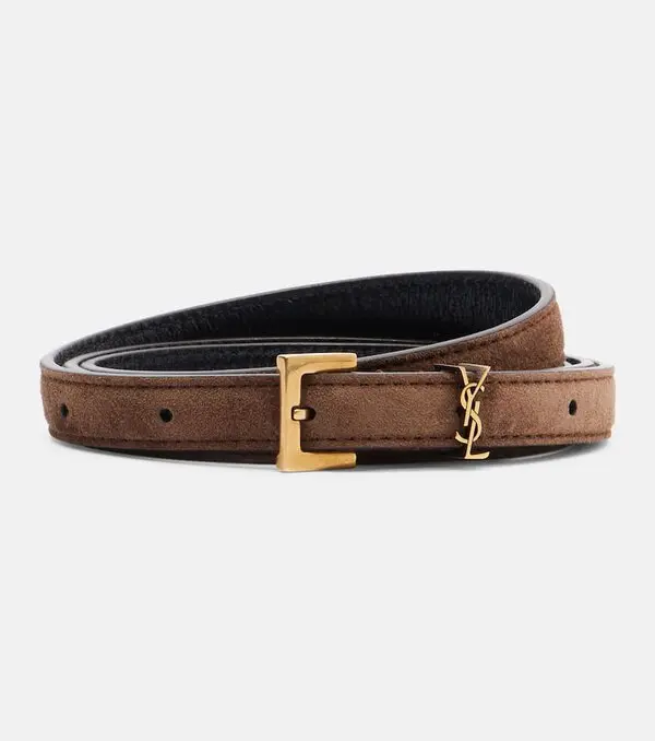 Saint Laurent Cassandre Suede Belt - Brown