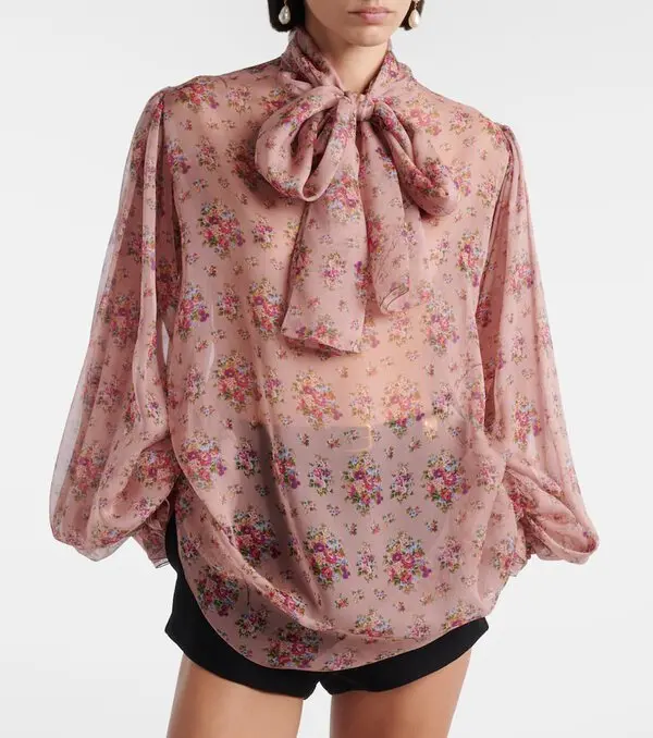 Dolce & Gabbana Floral Silk Tie-neck Blouse