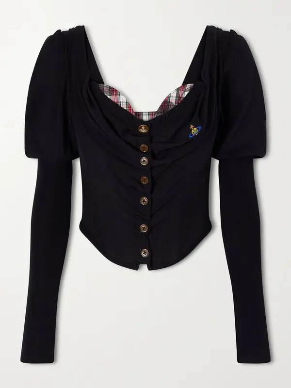 VIVIENNE WESTWOOD Bea Checked Cotton-trimmed Embroidered Wool And Silk-blend Cardigan - Black