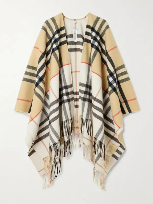 Burberry Oversized Fringed Checked Cashmere And Wool-blend Cape - Neutrals